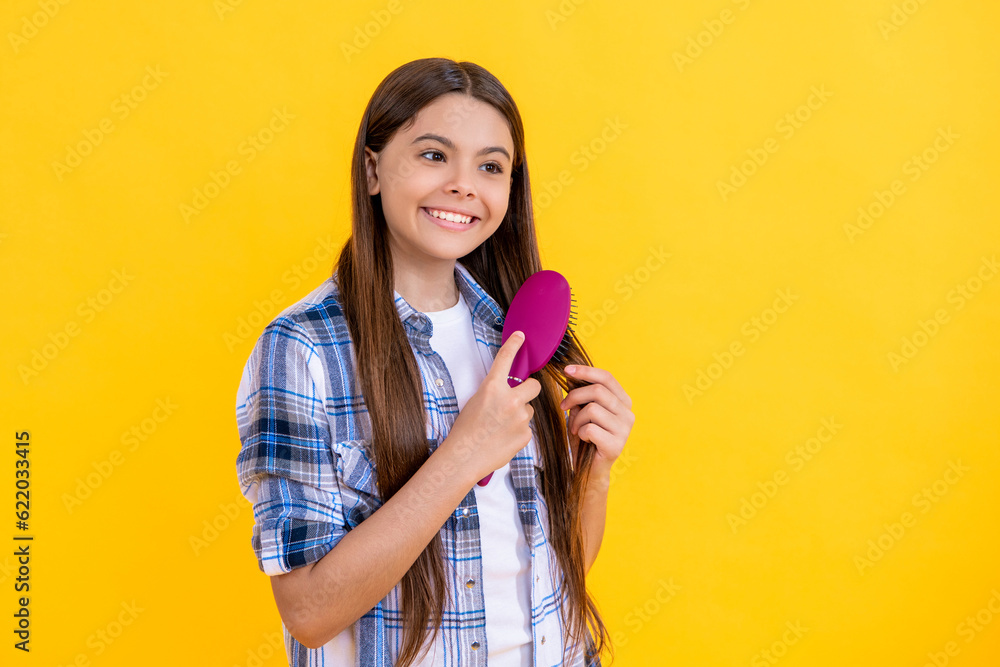Cheerful Teen Girl Brushing Hair With Hairbrush Beautiful Teen Girl With Hairbrush Teen Girl