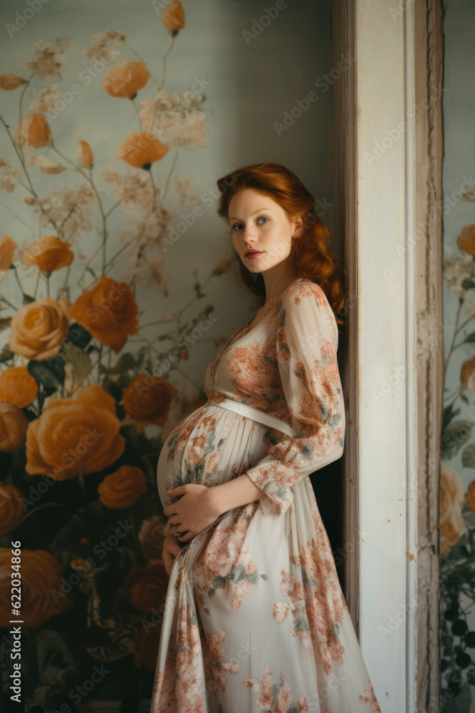 portrait of a pregnant woman/model/mother during pregnancy holding ...