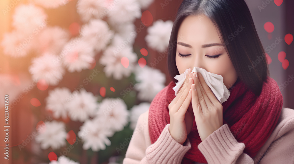 Allergic to pollen, a young Asian woman sneezes into a handkerchief ...