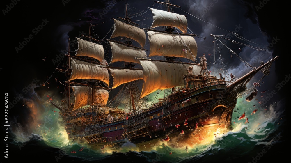 Inferno on the High Seas: Painting of a Pirate Ship Engulfed in Fire ...