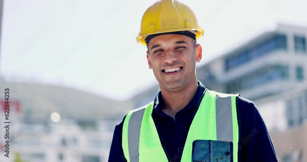 Industrial construction, face or happy man in city for building ...