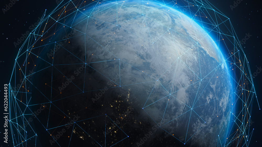 Digital grid and lines over Earth globe. 3D computer graphics of ...