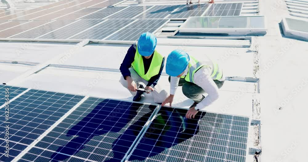 Solar energy, men and construction team with tablet for planning civil ...