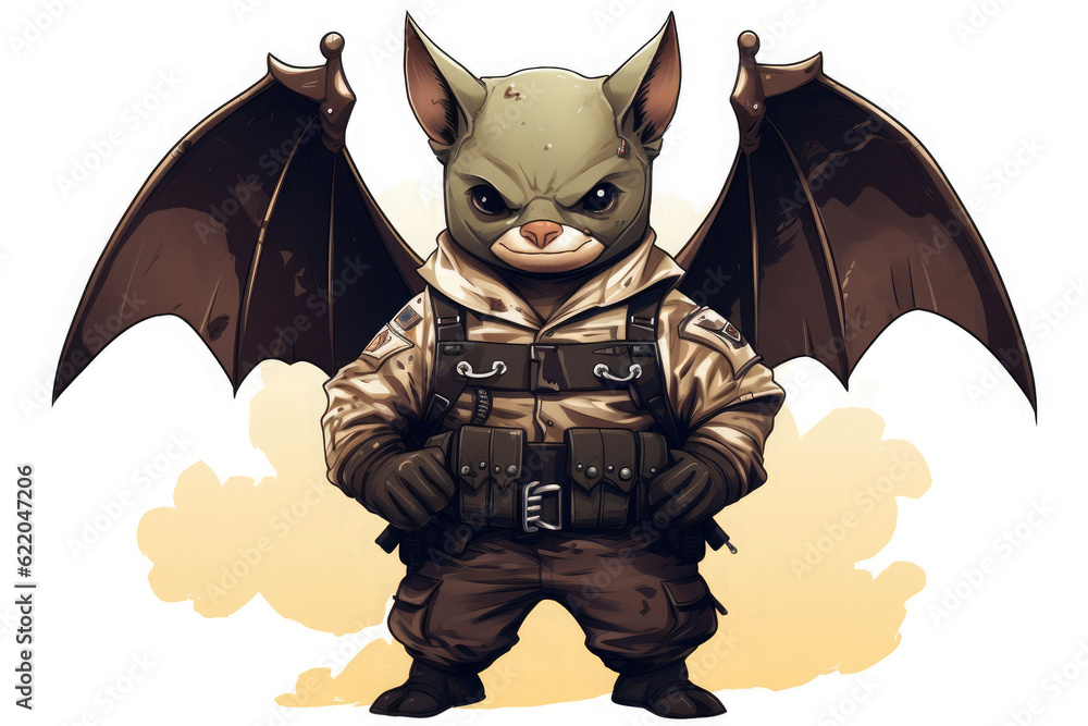 Cartoon bat in army military uniform isolated on white background ...