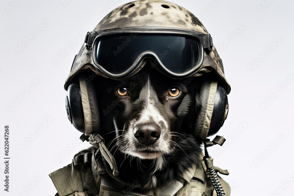 Border collie dog in army military uniform on a white background. Stock ...