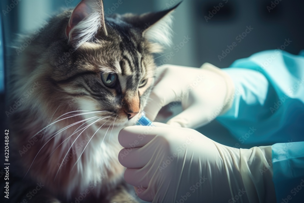 Veterinarian giving injection cat. Doctor installs a catheter for a ...