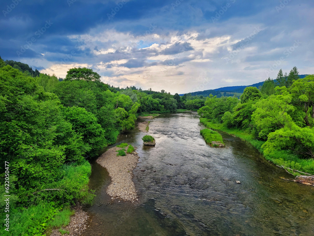 Krajobraz lata, zieleń i rzeka, pochmurne niebo. Bieszczady. Stock 写真 ...