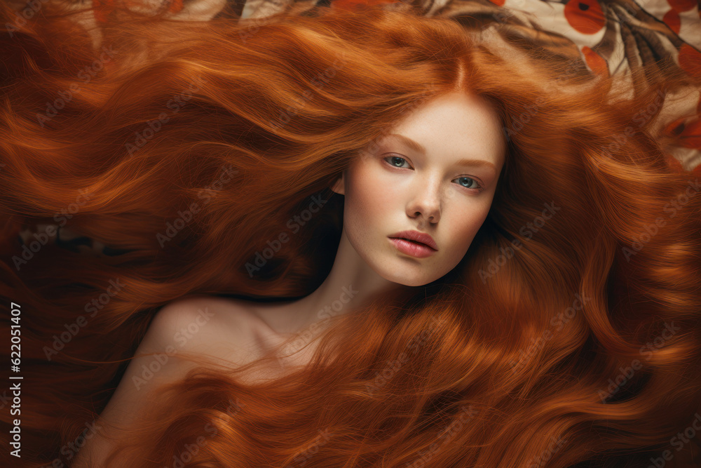 portrait of a woman/model/book character in a close up with long red ...