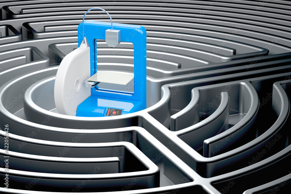 3D printer inside labyrinth maze. 3D rendering Stock Illustration ...