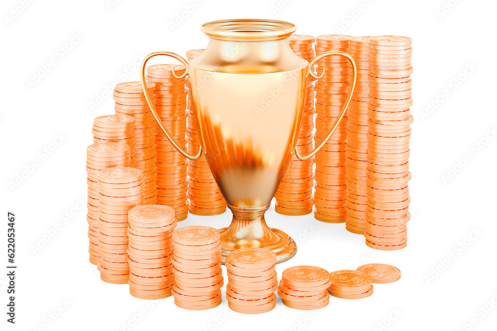 Reward cup with growing chart from gold coins around, 3D rendering ...