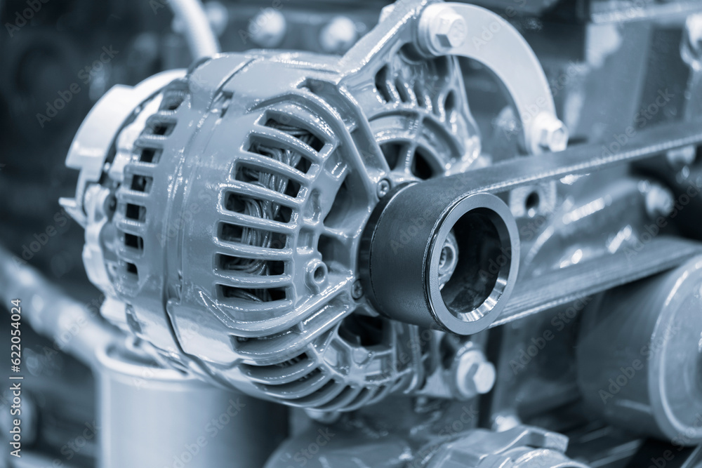 Belt drive of Diesel engine electric generator. Close up car timing ...