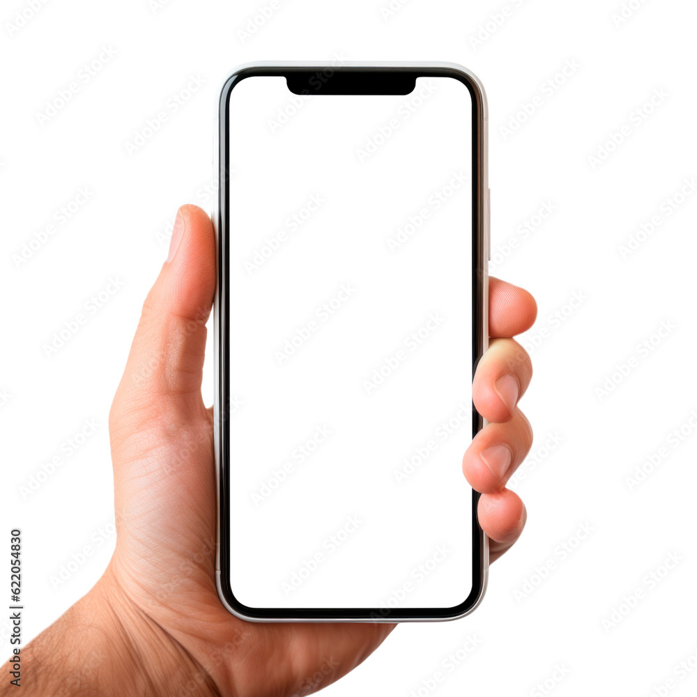 Hand holding smartphone with transparent screen on transparent ...