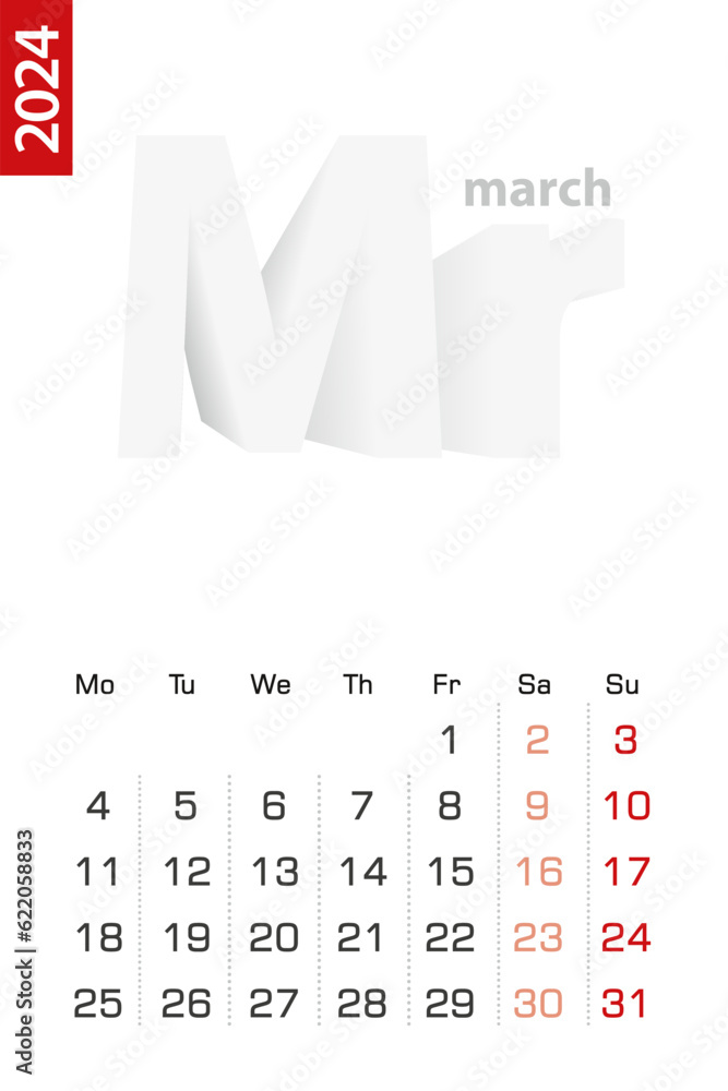 Minimalist calendar template for March 2024, vector calendar in English ...