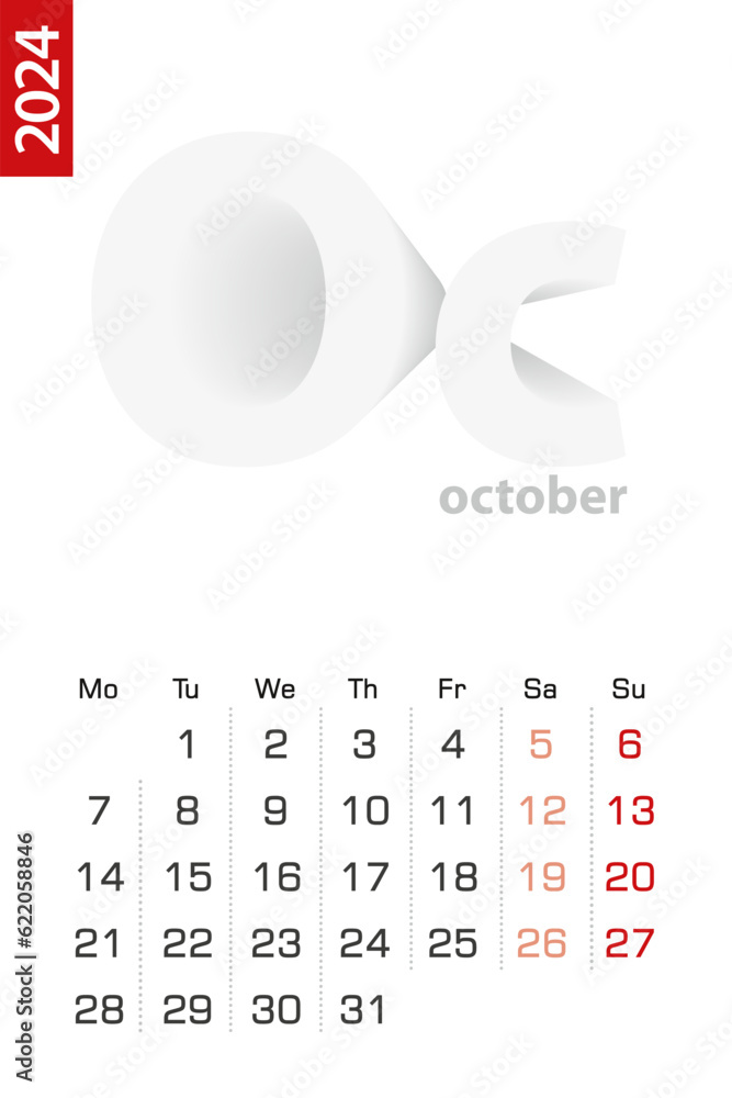 Minimalist calendar template for October 2024, vector calendar in ...