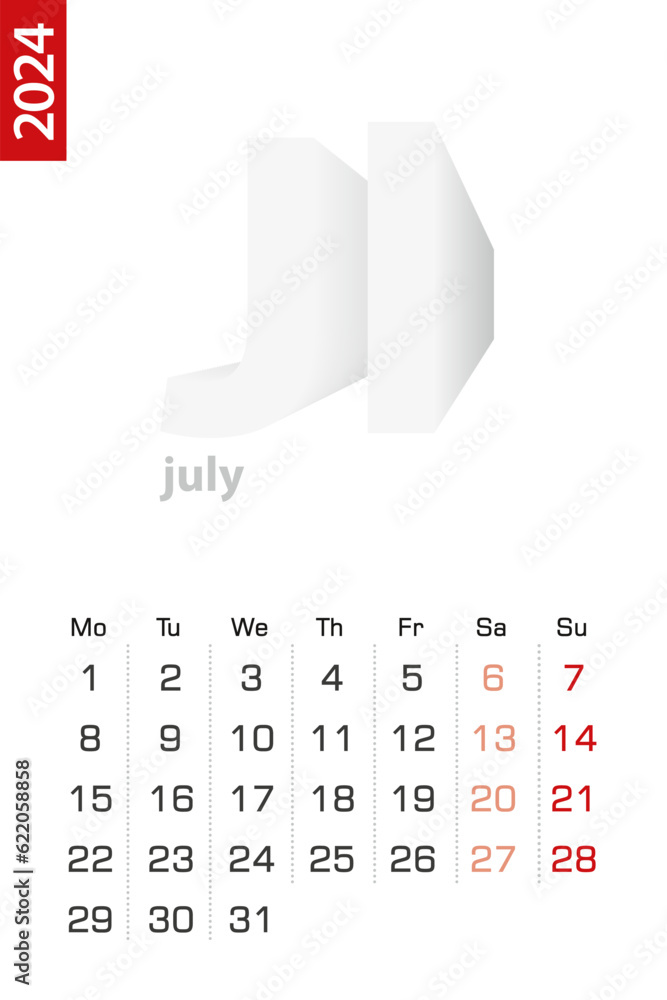 Minimalist calendar template for July 2024, vector calendar in English ...