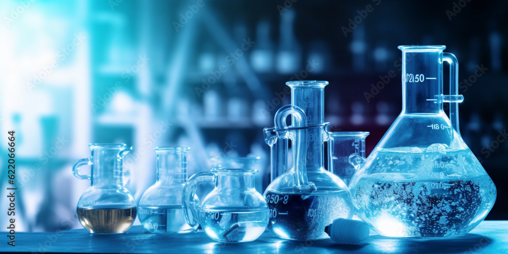 beaker and flask in science laboratory with chemical structure blue ...