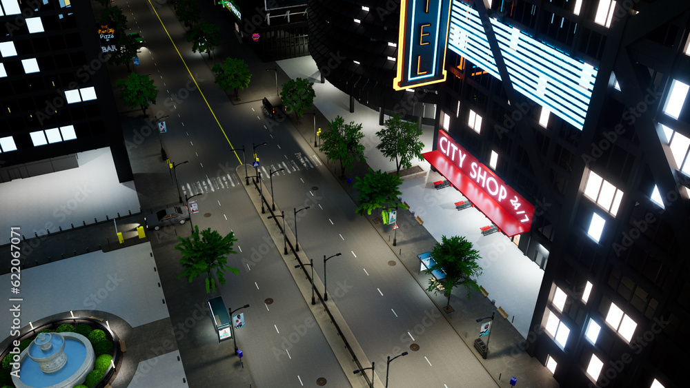 Metropolis center with towers and lights glowing late at night, city ...