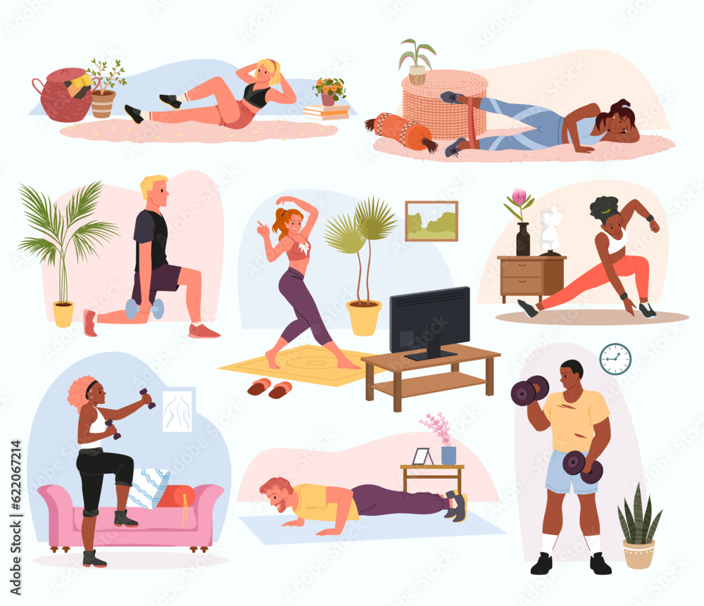 People practice sports exercises at home set vector illustration ...