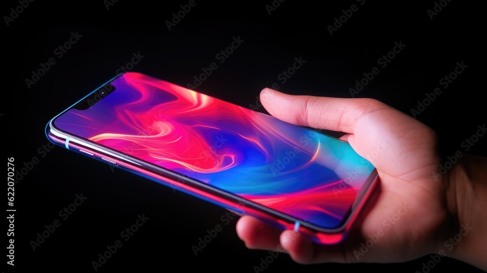 Modern mobile phone in the hand, close-up. Big touch screen of ...