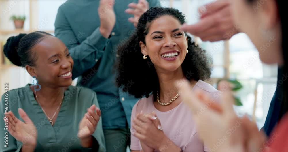 Business, applause and excited woman happy with welcome, thank you or ...