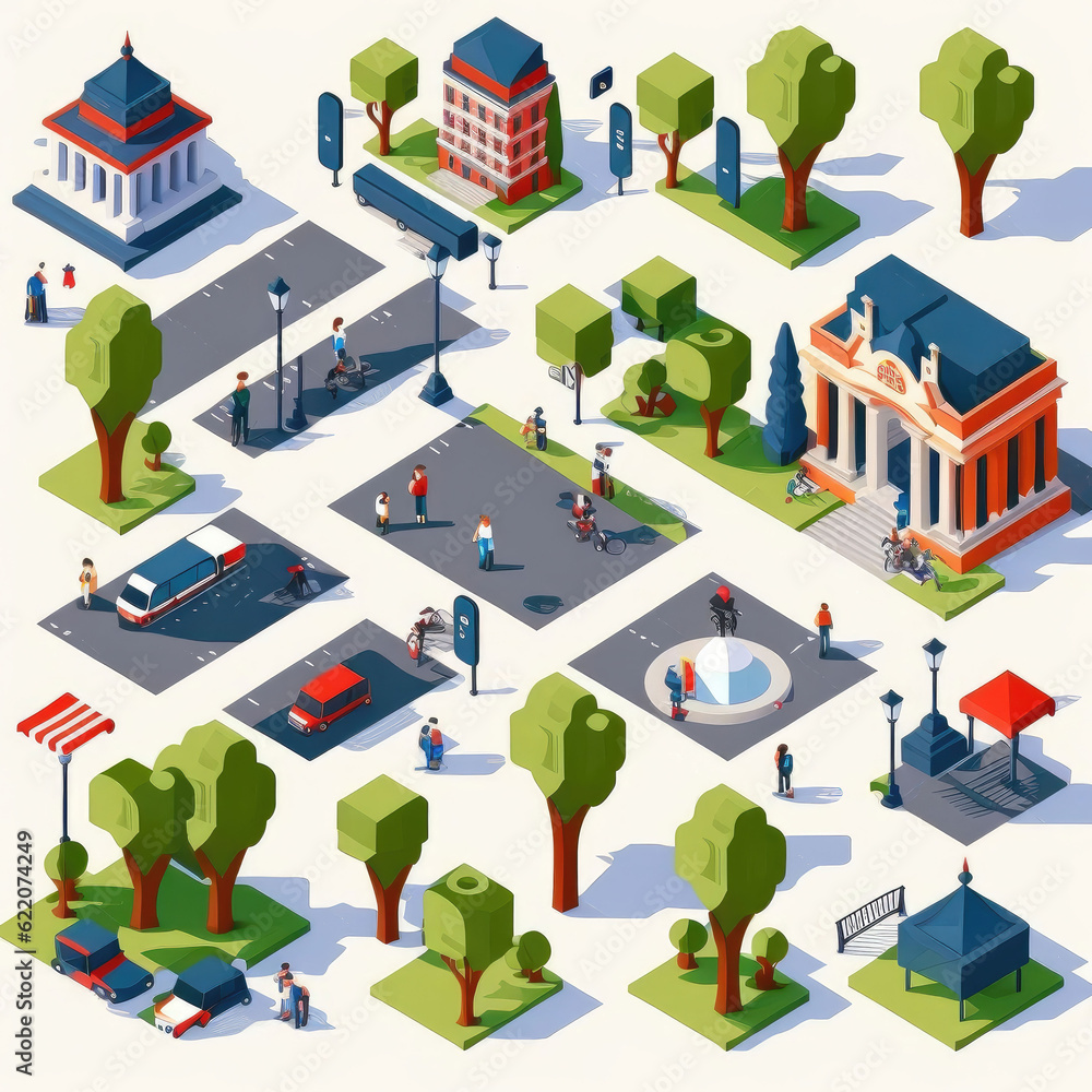 sprite sheet of of isometric vector art, city buildings, streets river ...