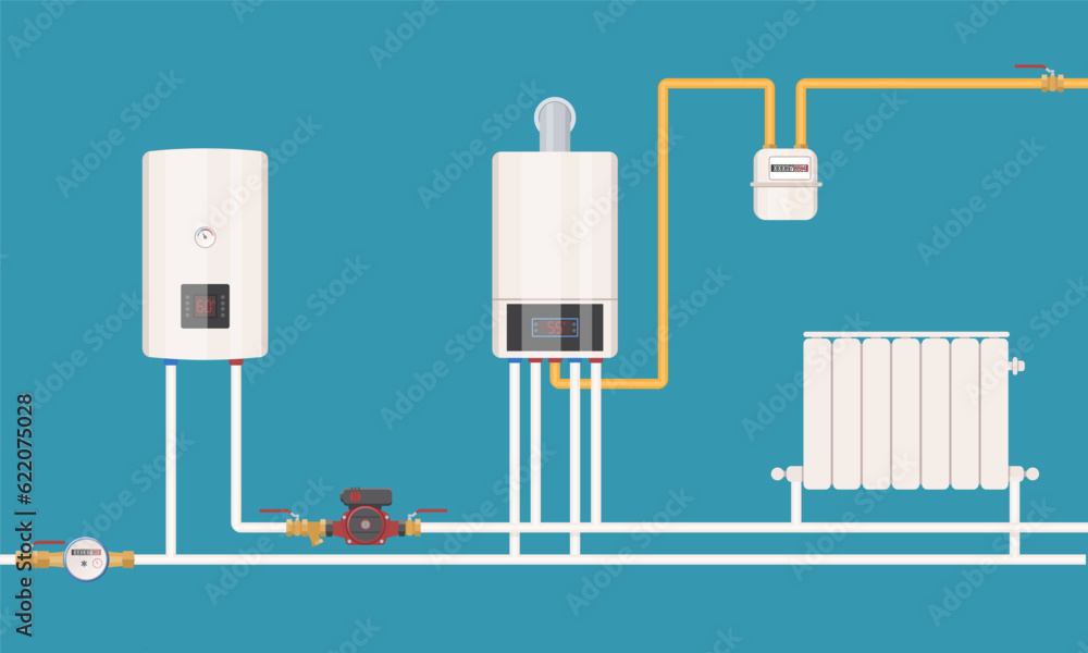 Home heating system. Poster with pipesline and pump, boiler and ...