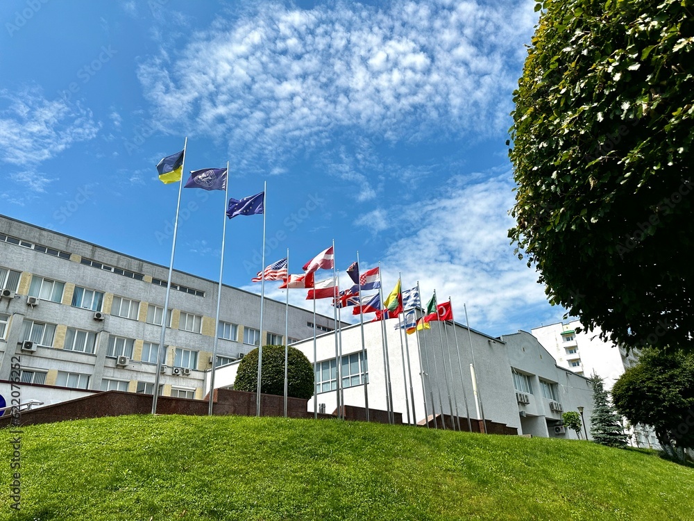 Many flags of different countries against the background of government ...