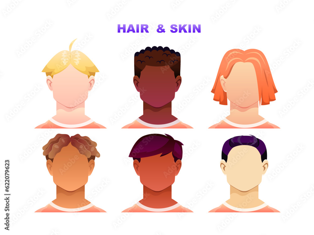 Male face constructor. Variation set of hairstyles and skin colors for ...