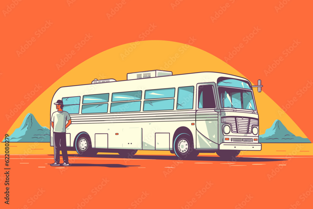 Hand-drawn cartoon Tour guide at tour bus flat art Illustrations in ...