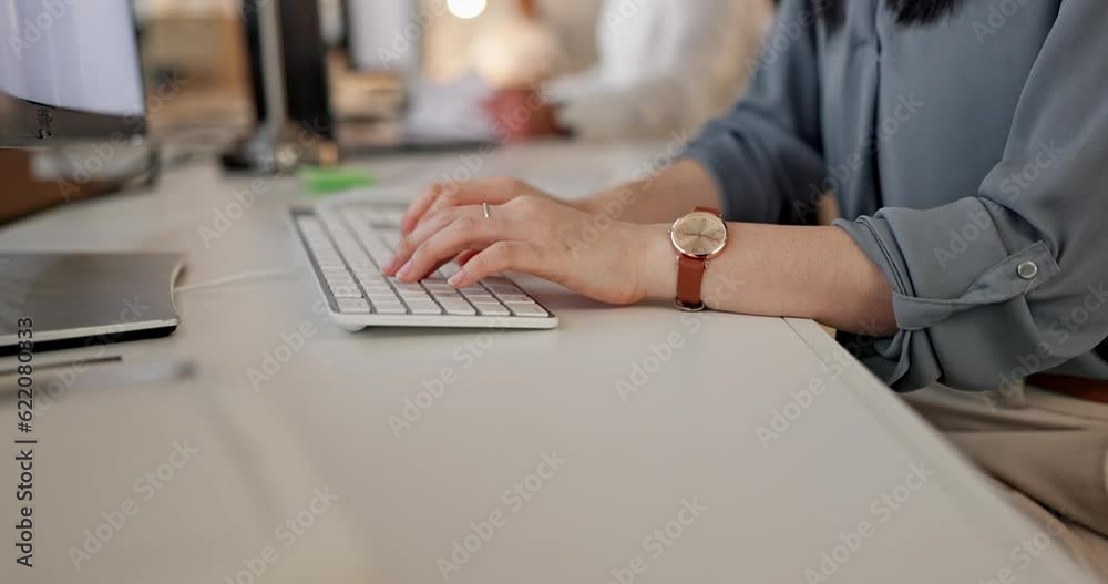 Hands, computer and keyboard with a business woman at her desk in the ...