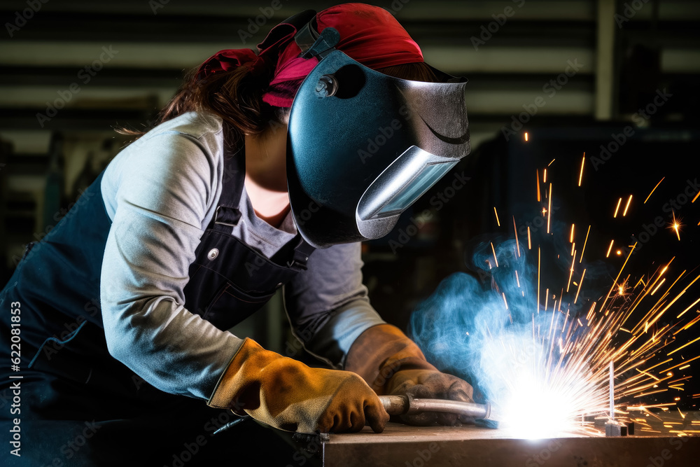 Woman in welding helmet working on piece of metal in workshop, sparks ...