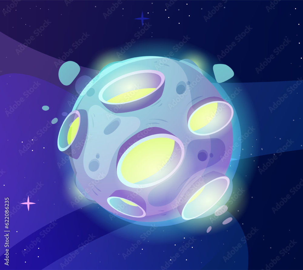 Space planet icon. Glowing fantasy sphere with craters and stars in ...