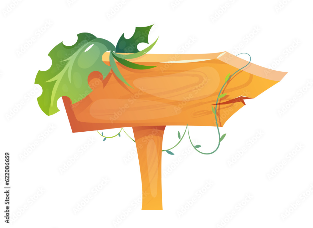 Wooden jungle signboard. Wood arrow directional sign with plants and ...