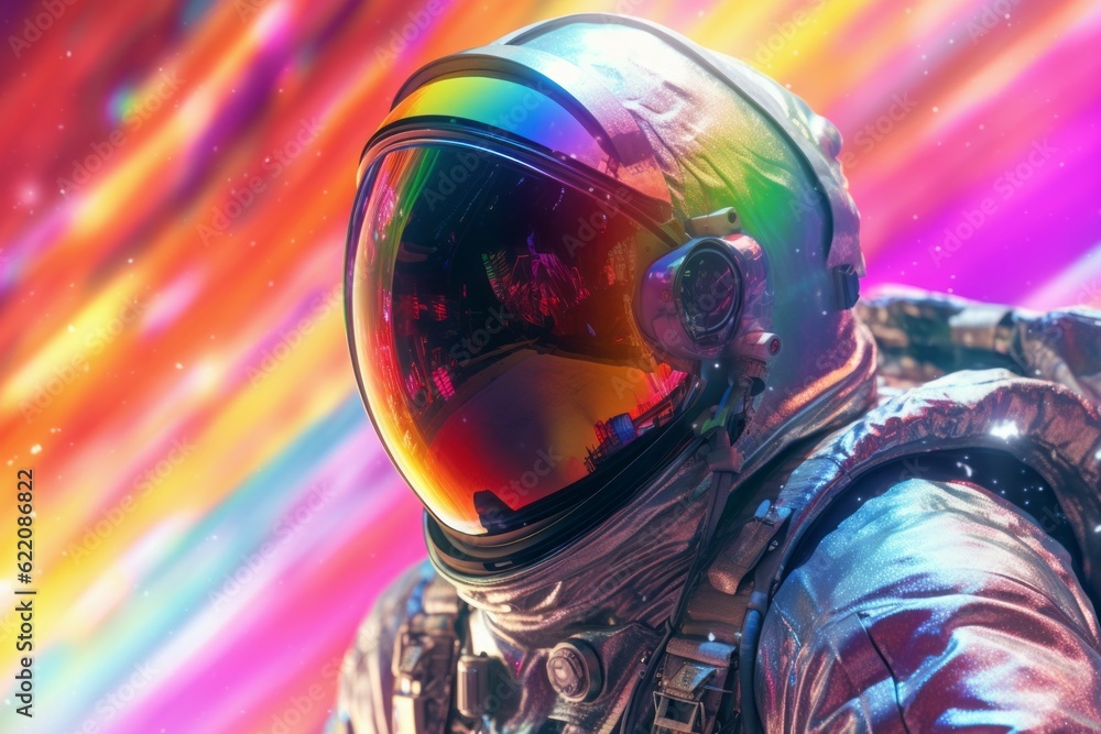 Cosmonaut or astronaut in rainbow colors. Background with selective ...