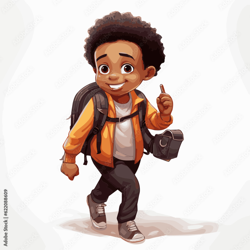 simple cartoon clipart black african american boy student child going ...