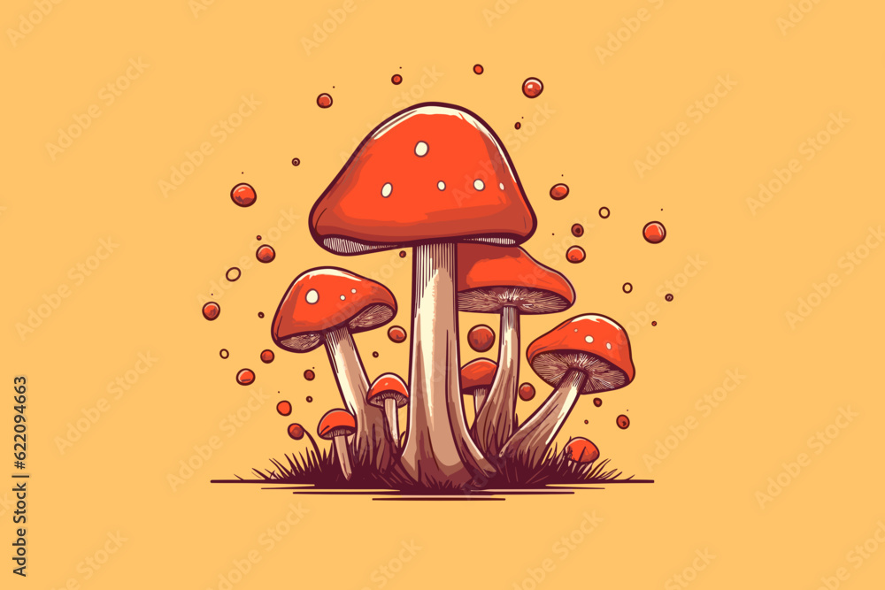 Doodle inspired Fungus, cartoon sticker, sketch, vector, Illustration ...