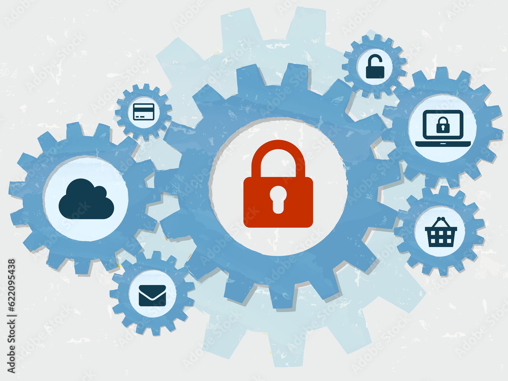 padlock and internet signs in grunge flat design gear wheels ...