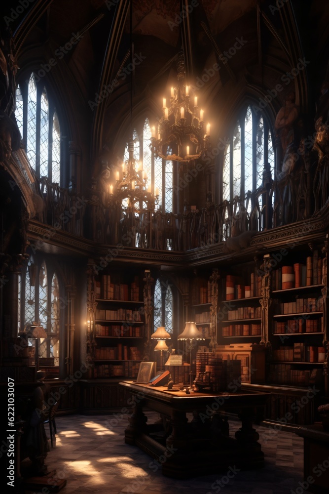 medieval library, gothic reading room interior with desks, old ...
