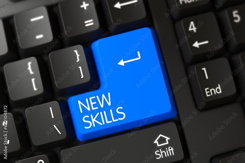 Concepts of New Skills, with a New Skills on Blue Enter Button on Modernized Keyboard. Modern ...