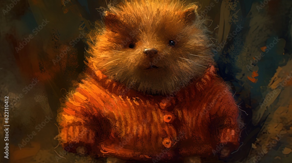 Cartoon wombat wearing sweater in style of oil painting illustration ...