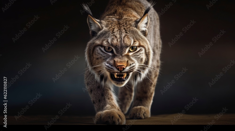 portrait of an angry lynx attacking mode, showing teeth running towards ...