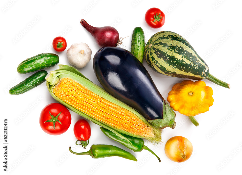 Vegetables fresh still life top view, isolated on white background ...