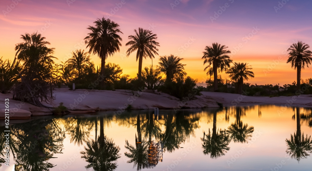 beautiful oasis with a water hole in the middle of the desert in high ...