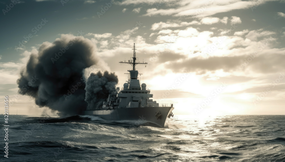 Damaged battleship engulfed in flames and smoke amidst a turbulent sea ...