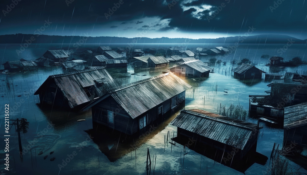 Aerial view of a flood-ravaged village shows submerged houses ...