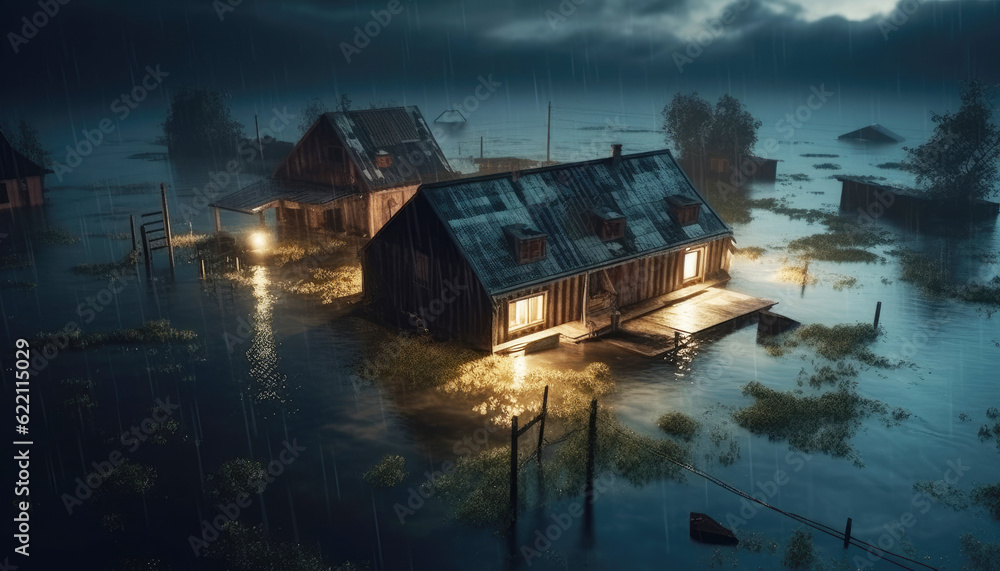 Aerial view of a flood-ravaged village shows submerged houses ...
