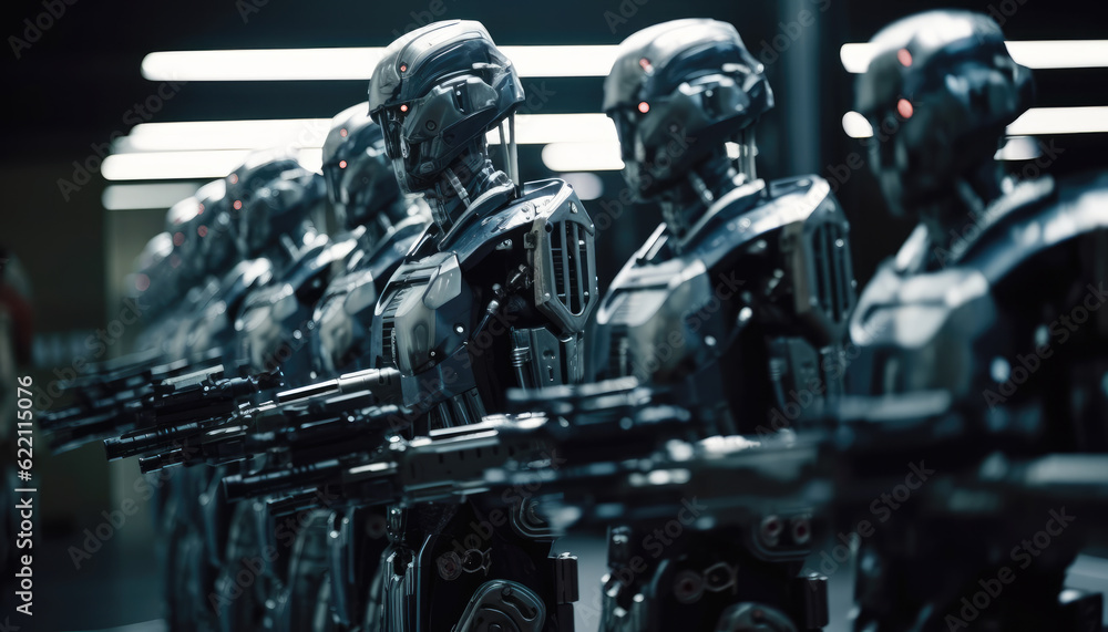 In a futuristic battlefield, armored AI soldiers engage in a high-tech ...