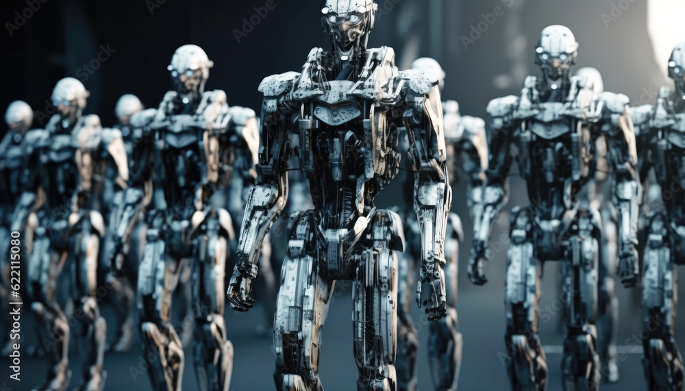 In a futuristic battlefield, armored AI soldiers engage in a high-tech ...