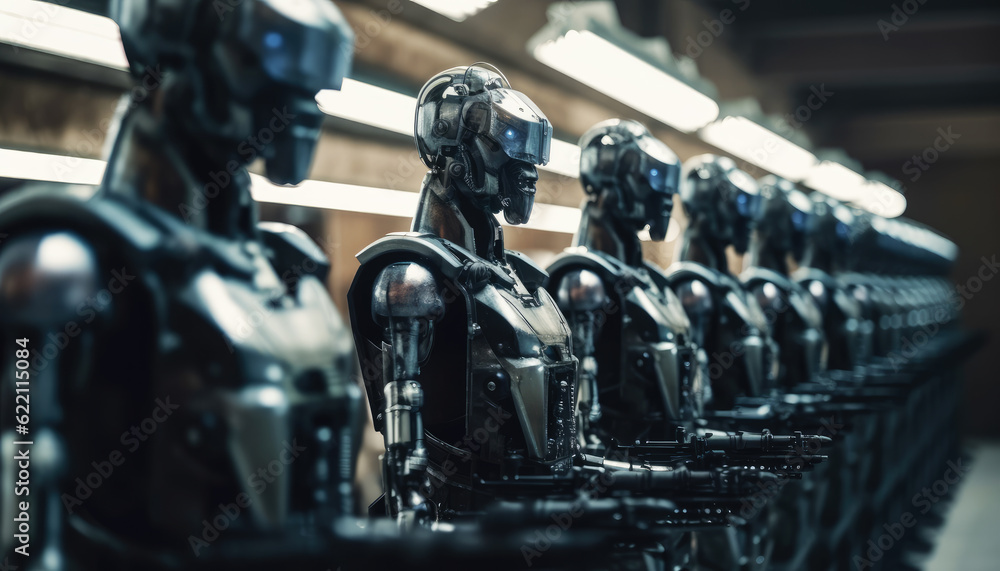 In a futuristic battlefield, armored AI soldiers engage in a high-tech ...