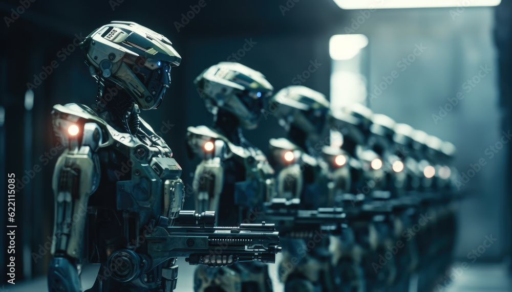 In a futuristic battlefield, armored AI soldiers engage in a high-tech ...